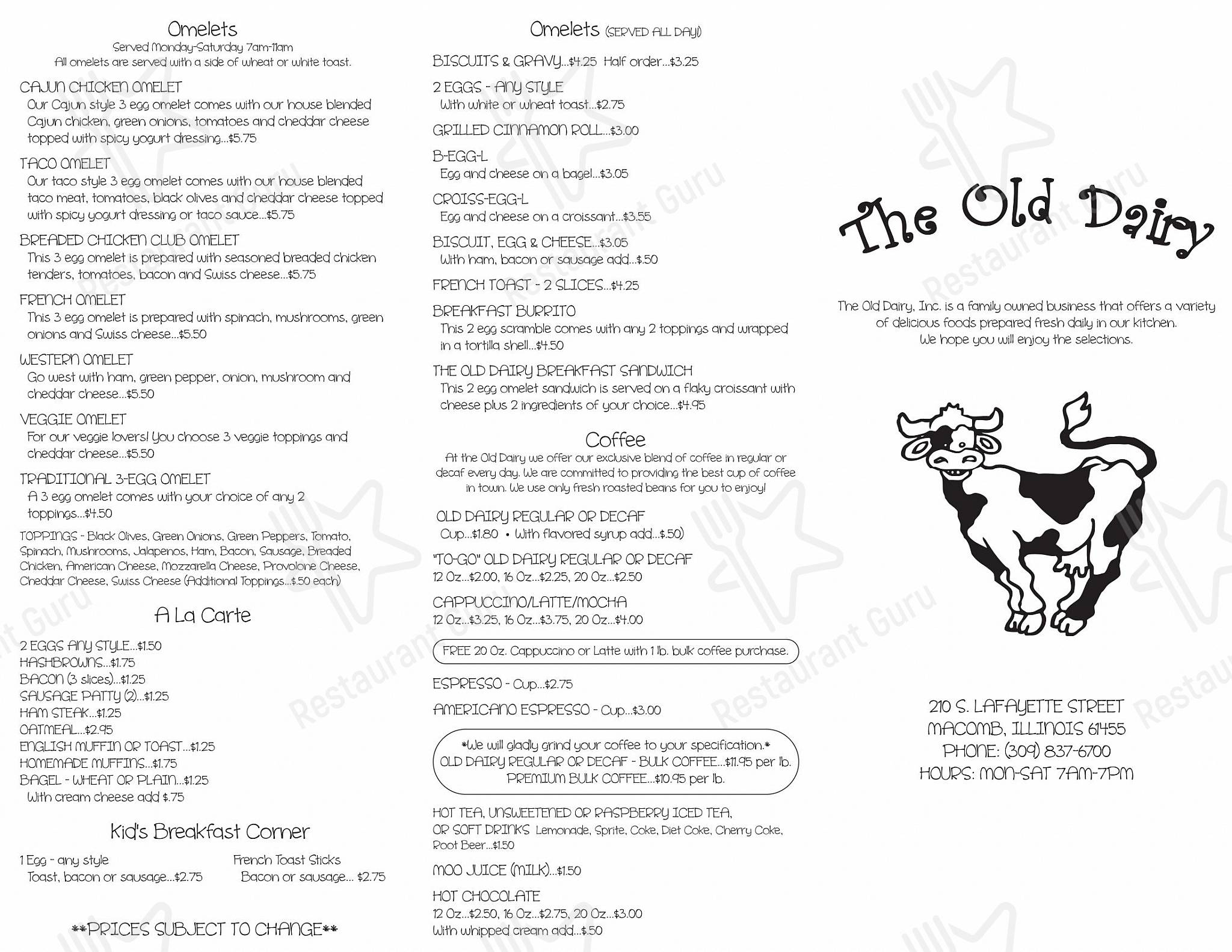 Menu at The Old Dairy restaurant, Macomb