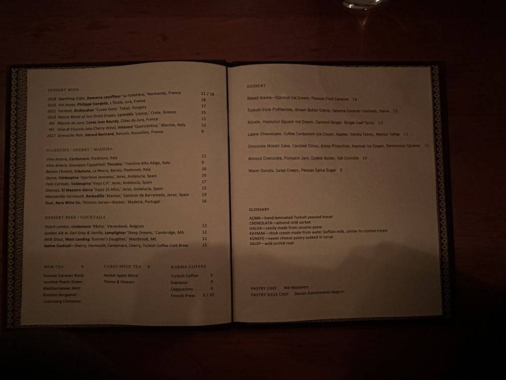 Menu at Oleana restaurant, Cambridge