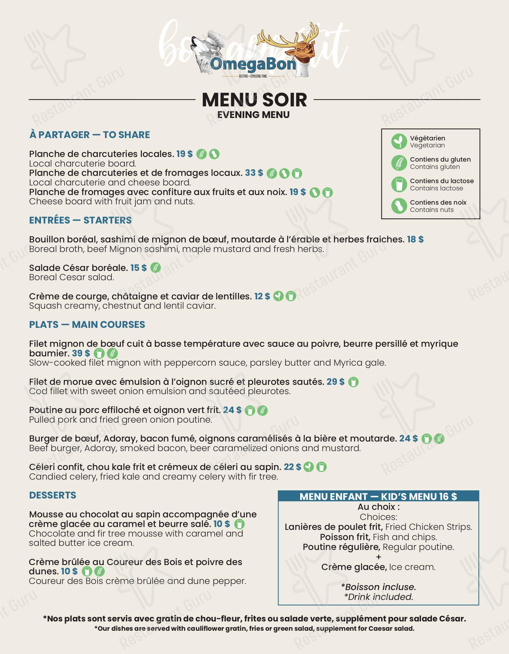 Menu au OmegaBon restaurant, Montebello