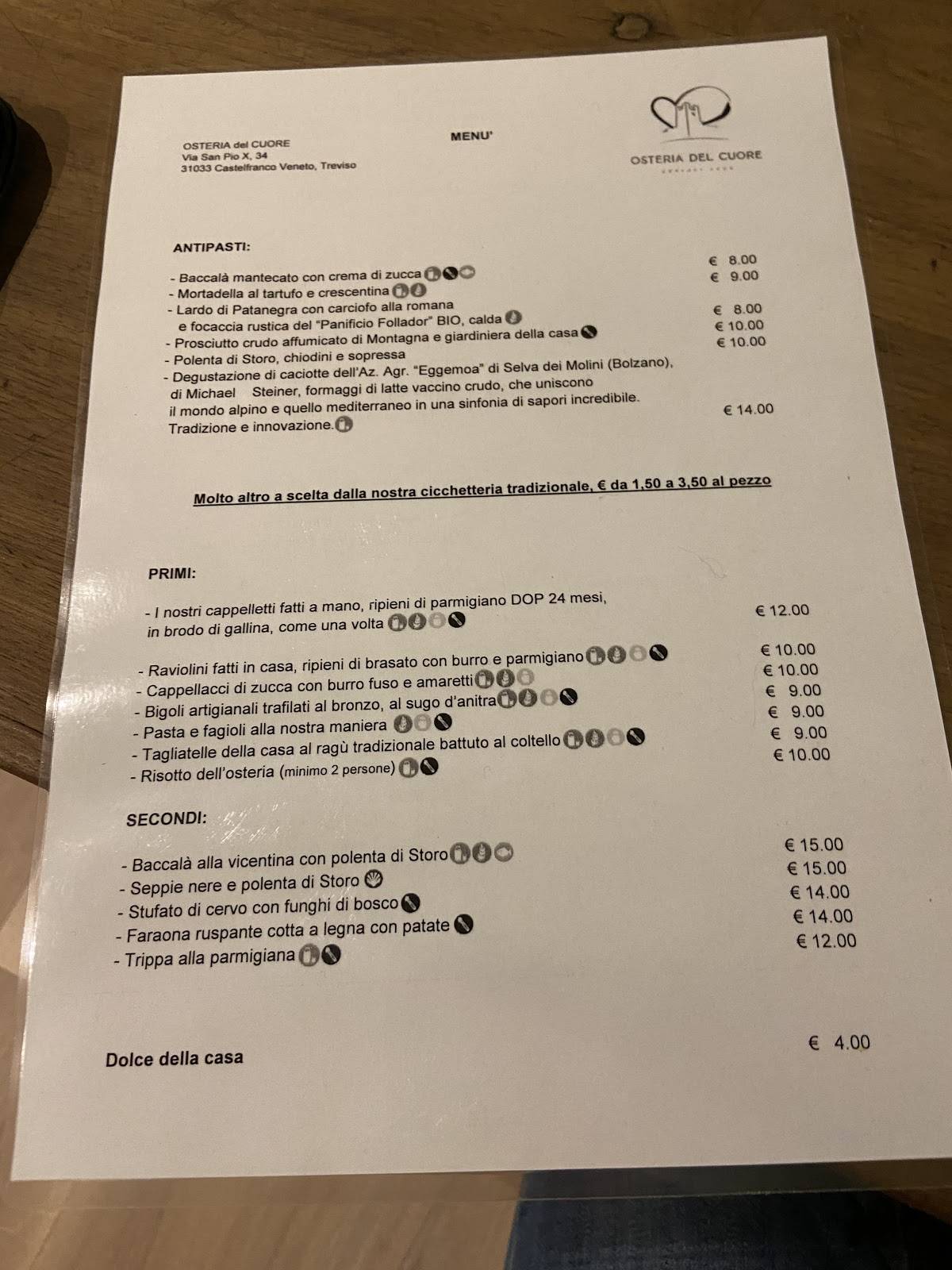 Menu da Osteria del Cuore ristorante, Castelfranco Veneto