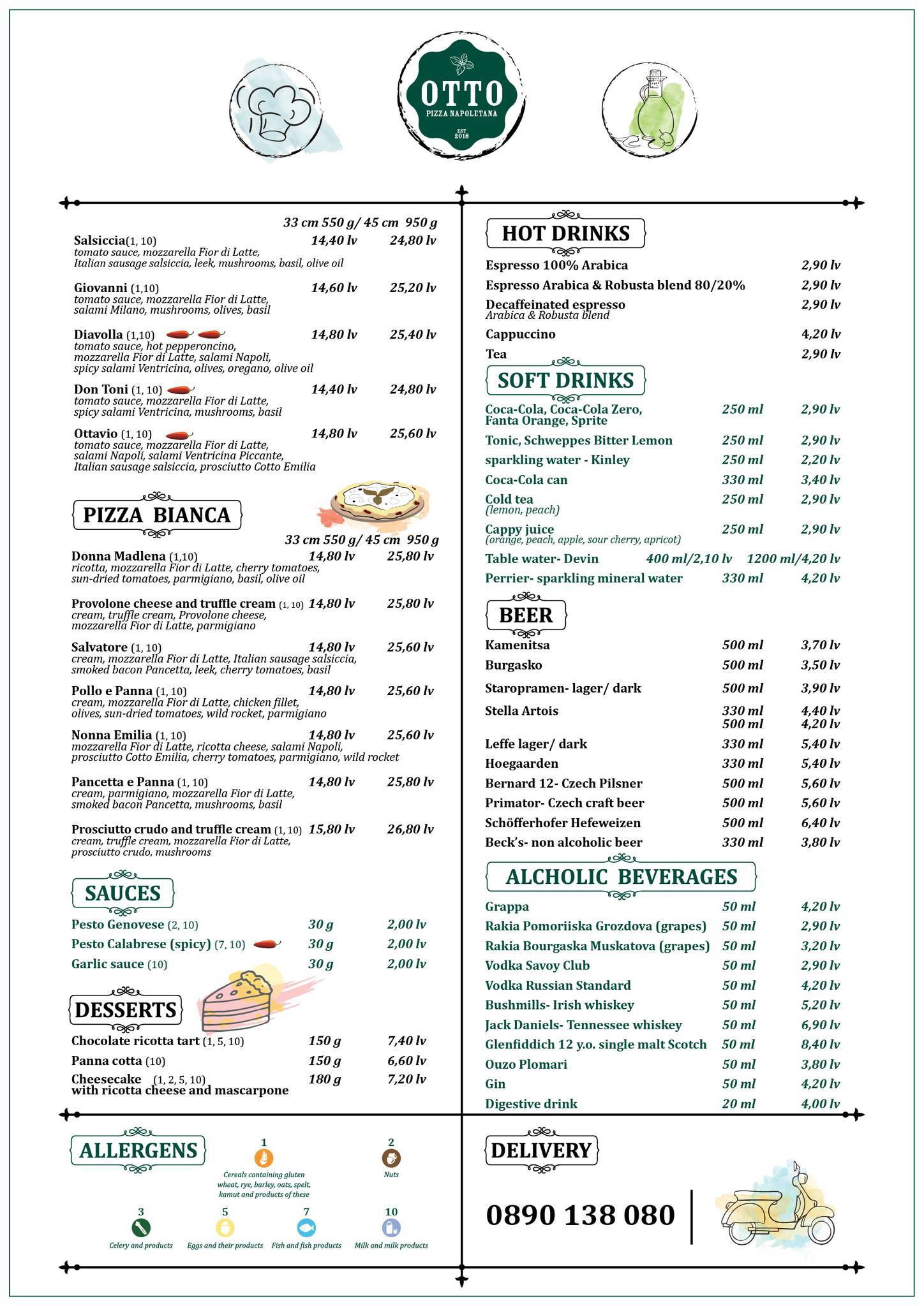 Menu at Otto Pizza Napoletana restaurant, Shumen