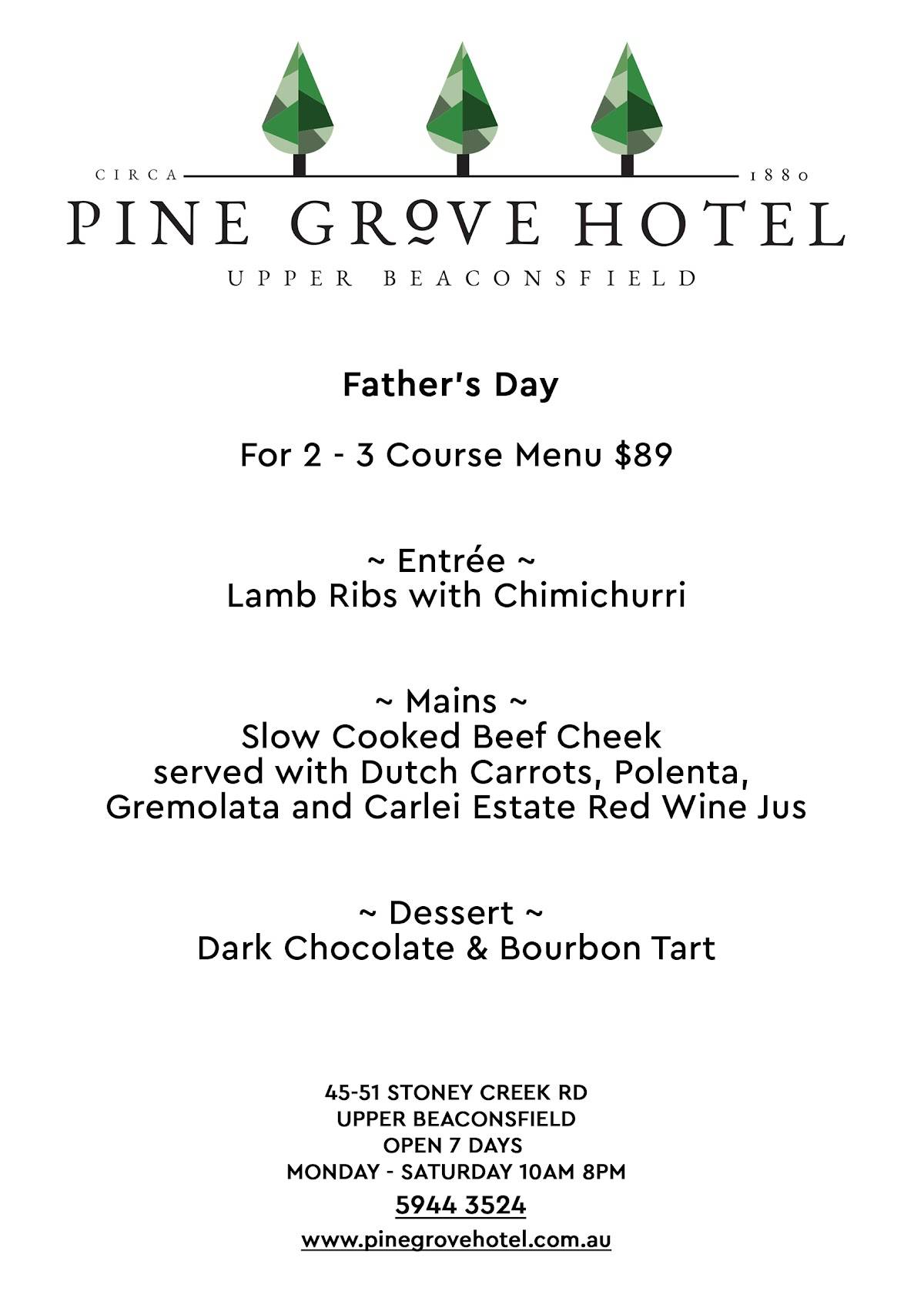 Menu at Pine Grove Hotel restaurant, Beaconsfield Upper