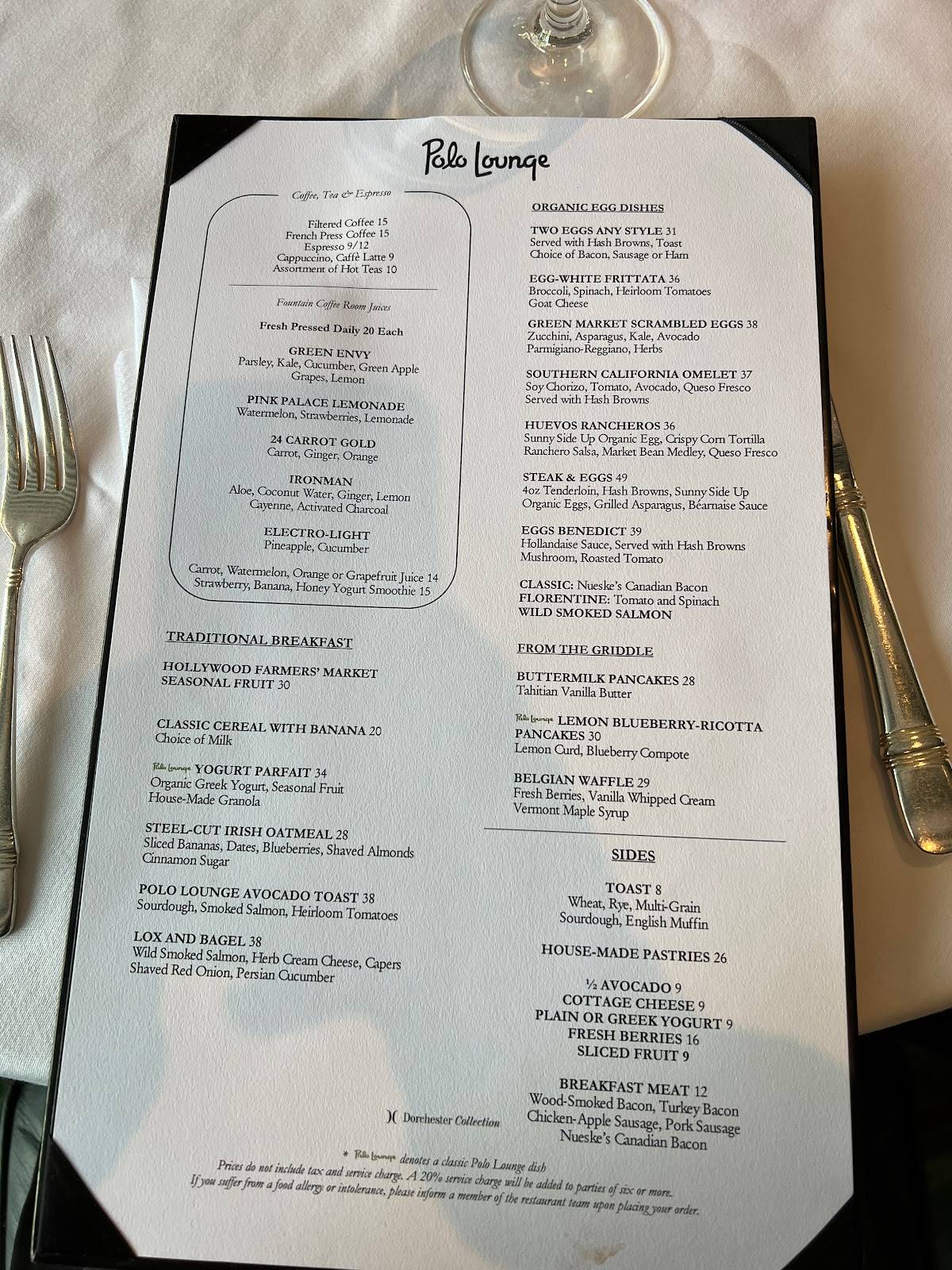 Menu at Polo Lounge restaurant, Beverly Hills