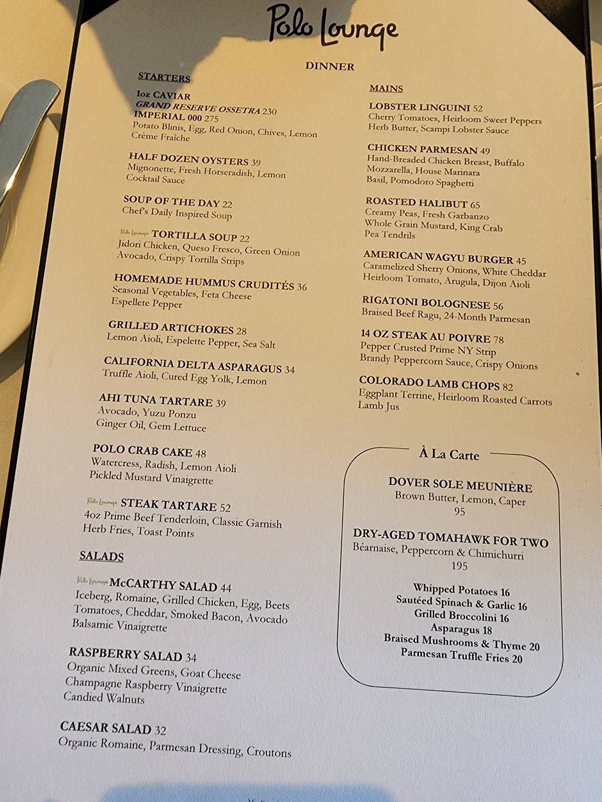 Menu at Polo Lounge restaurant, Beverly Hills