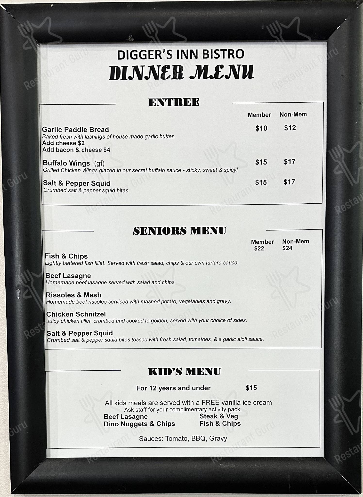 Menu at RSL Bistro restaurant, Longreach