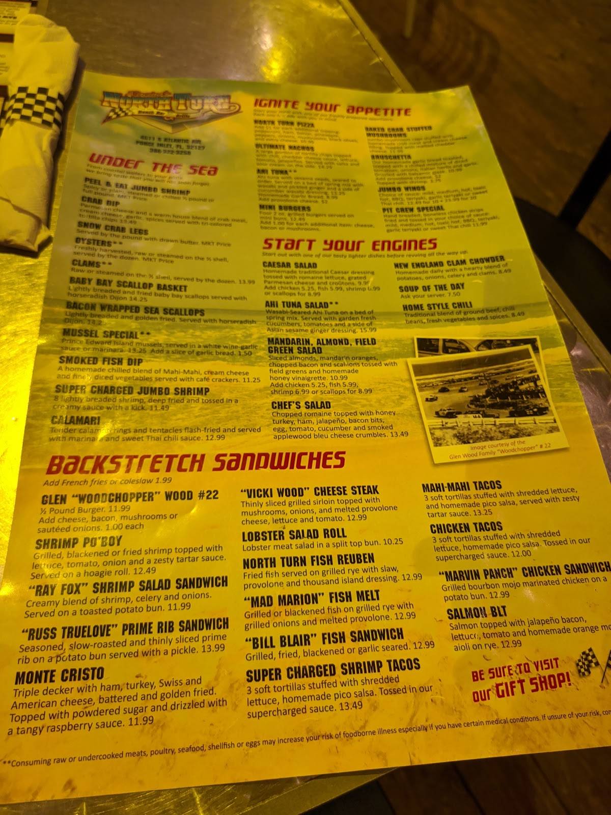 Menu at Racing's North Turn restaurant, Ponce Inlet