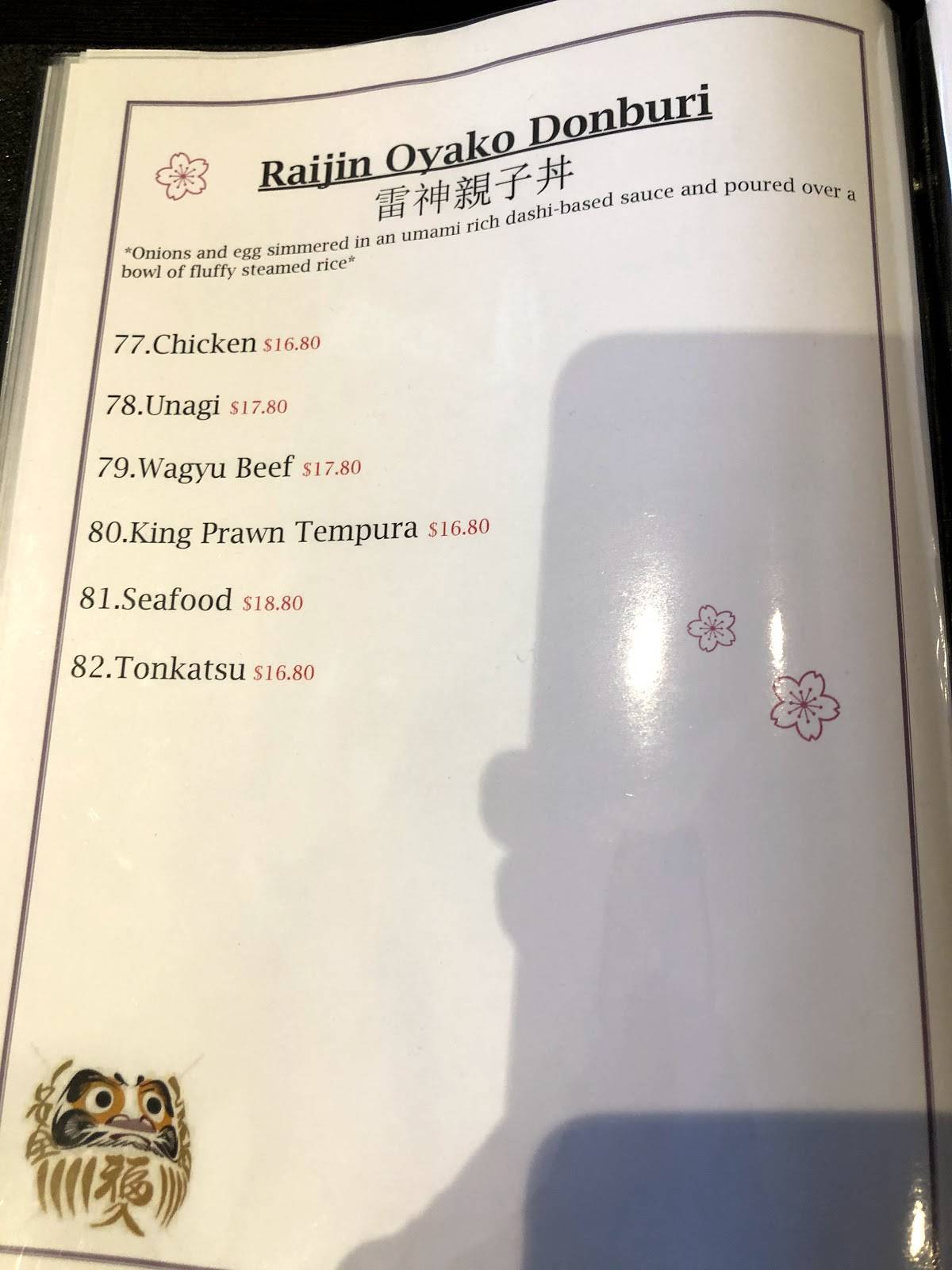 Menu at Raijin restaurant, McKellar