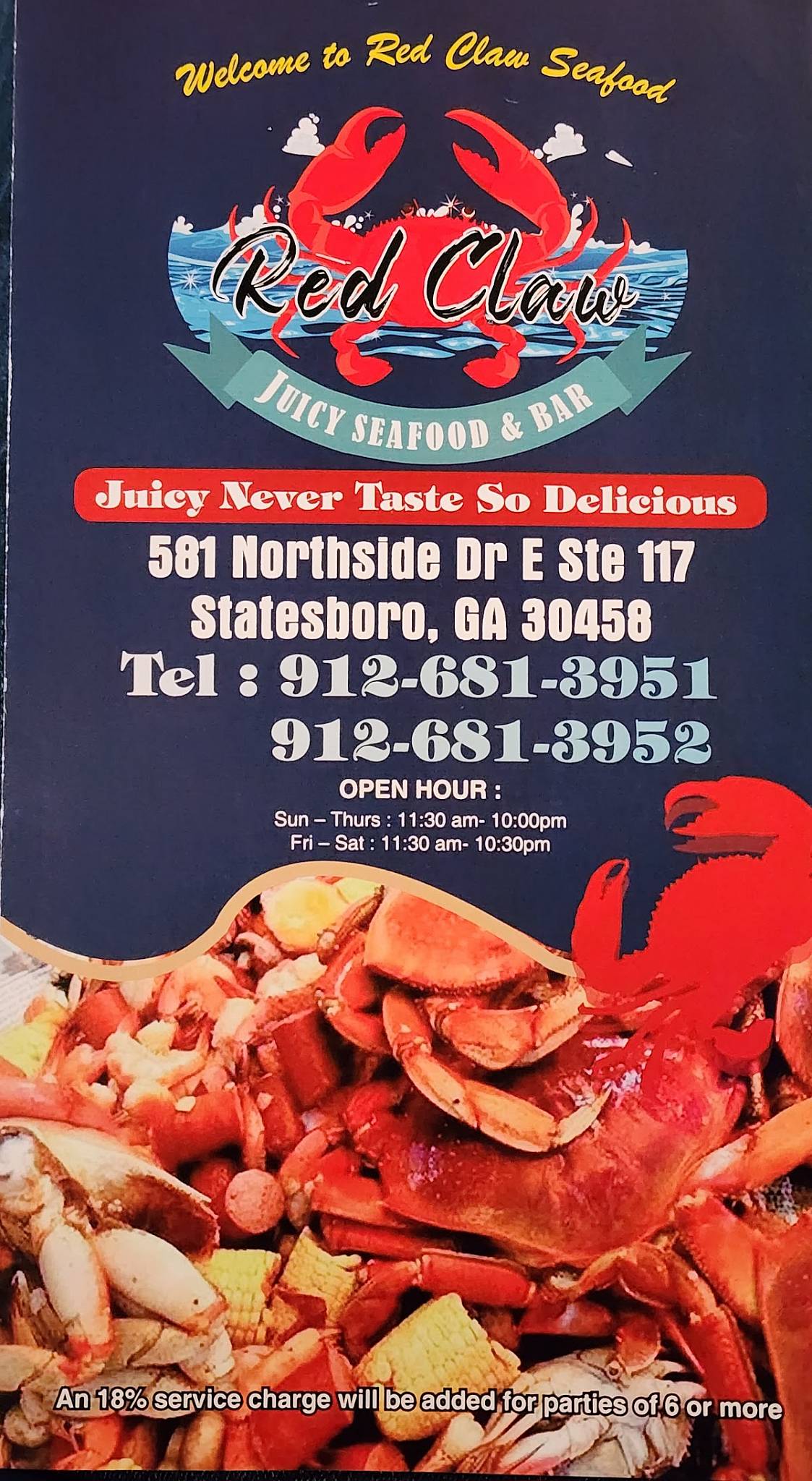 Menu at Red Claw Juicy Seafood & Bar, Statesboro