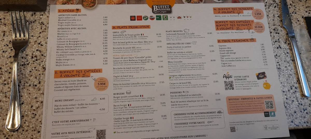 Menu au Crocodile restaurant, Petite-Forêt