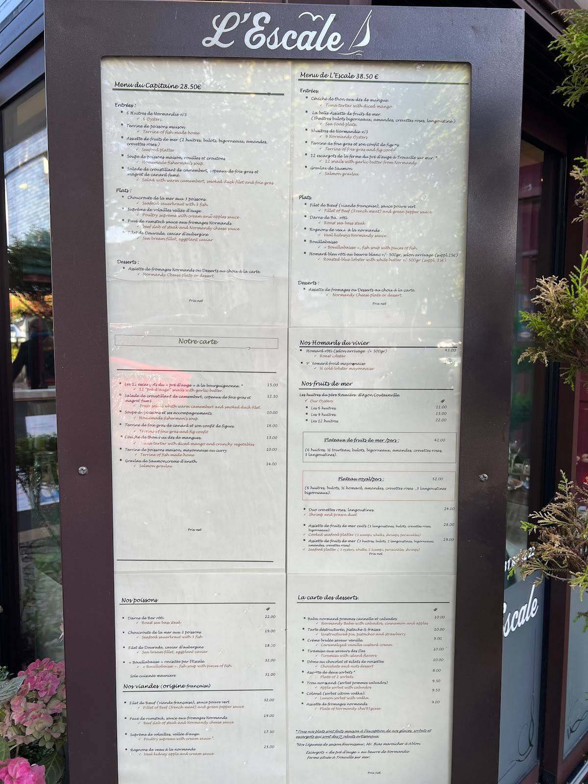 Menu au Restaurant L'escale, Honfleur