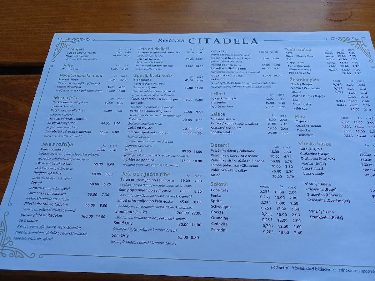 Menu at Restoran Citadela restaurant, Vardarac, Ul. Šandora Petefija 39