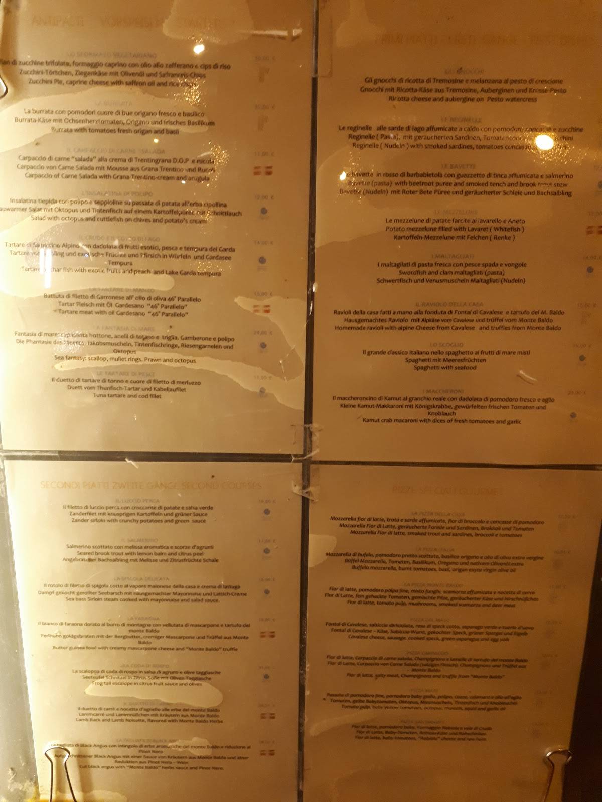 Menu at Ristorante Aqua, Nago–Torbole