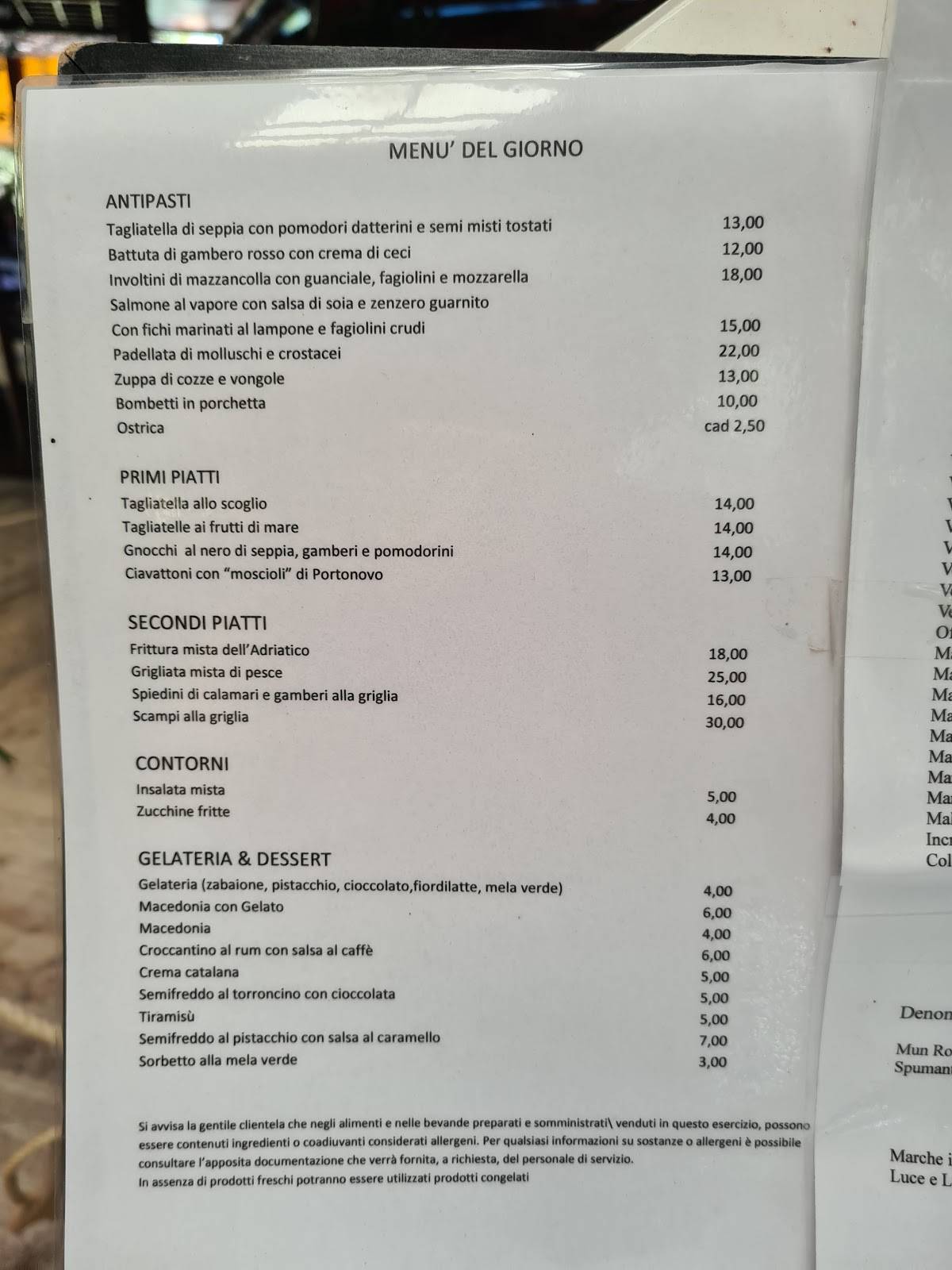 Menu da Ristorante da Silvio, Sirolo