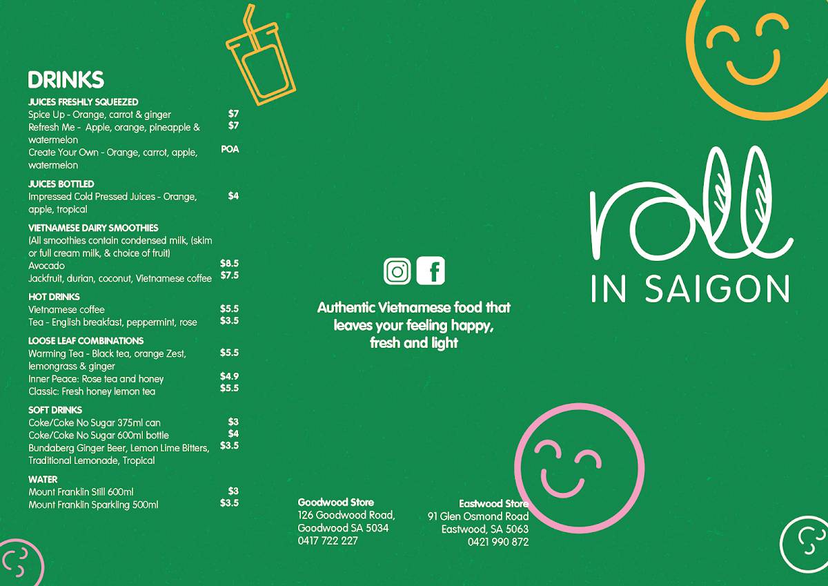 Menu at Roll In Saigon restaurant, Goodwood, 117 Goodwood Rd