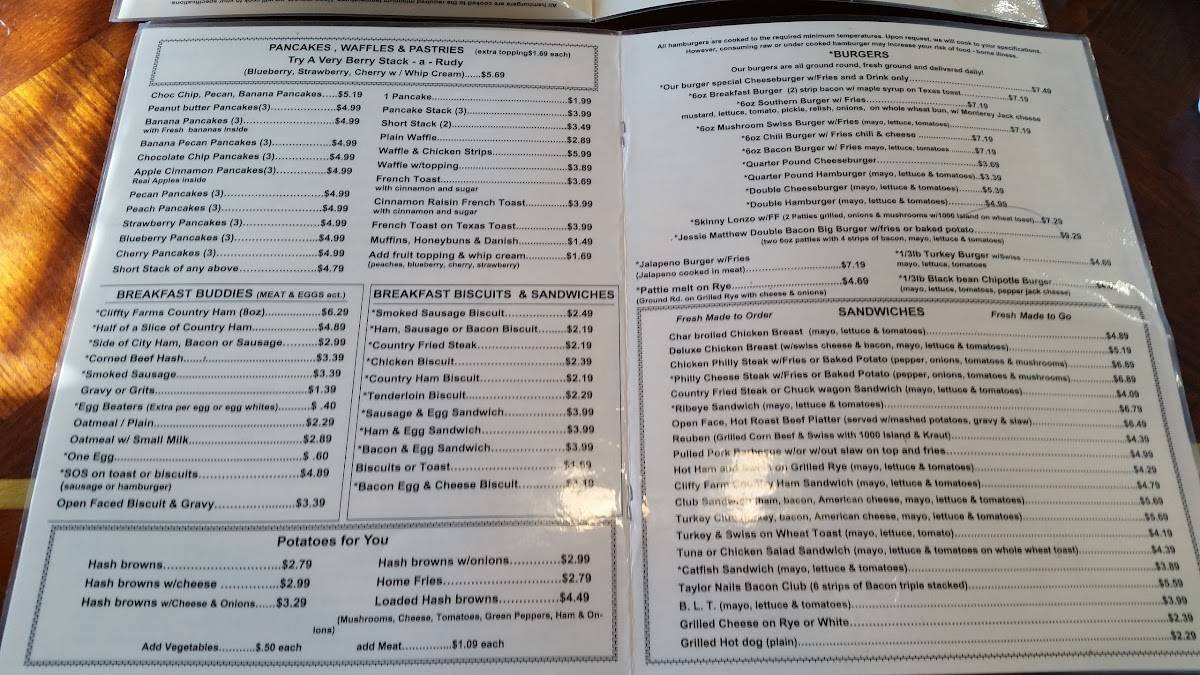 Menu at Rudy's Diner restaurant, Clarksville