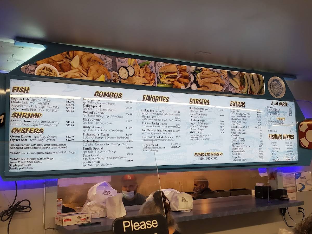 Menu at Rudy's Seafood restaurant, San Antonio