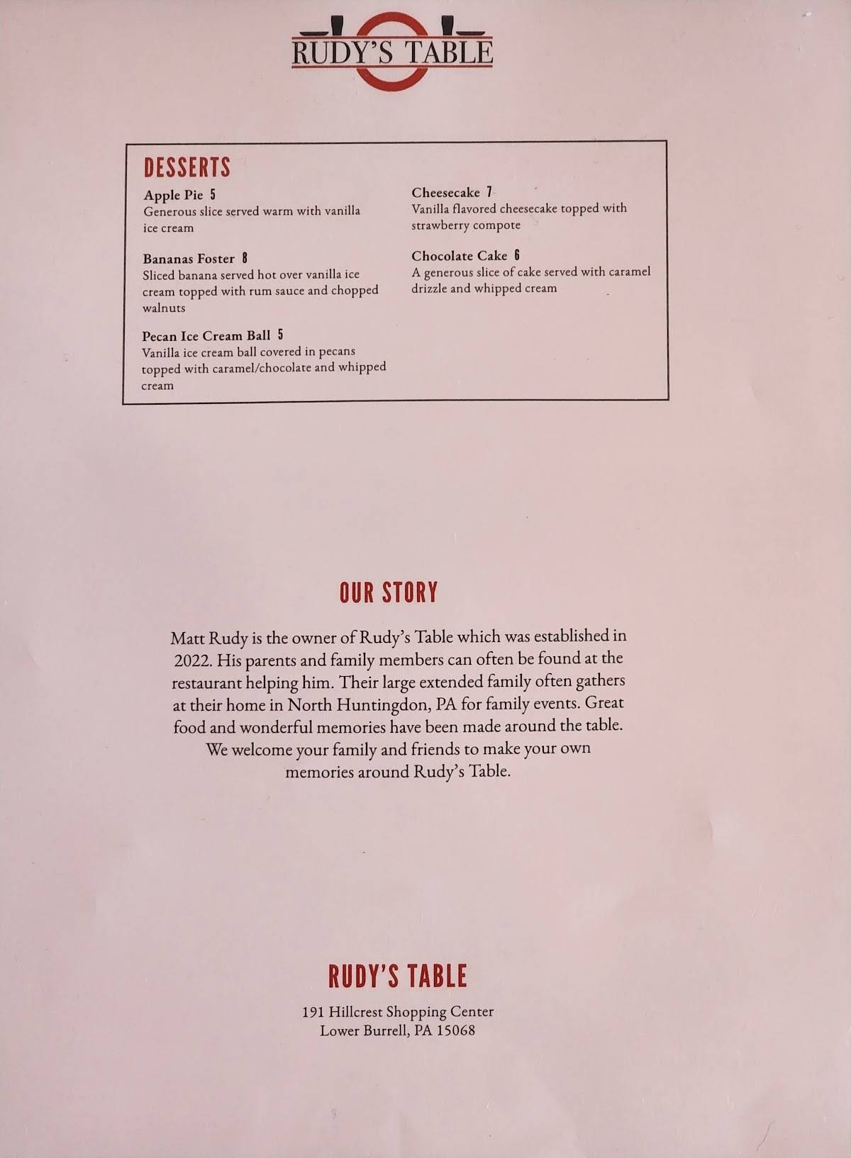 Menu at Rudy's Table restaurant, Lower Burrell