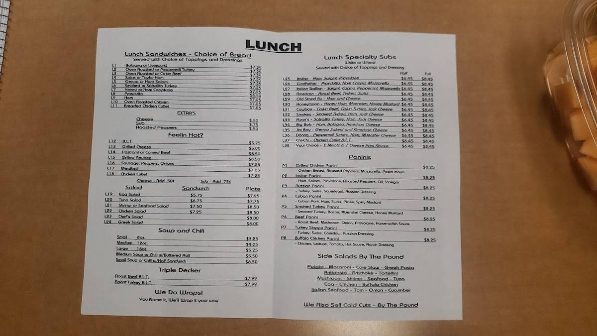 Menu at Ryan's Deli Cafe, Myrtle Beach