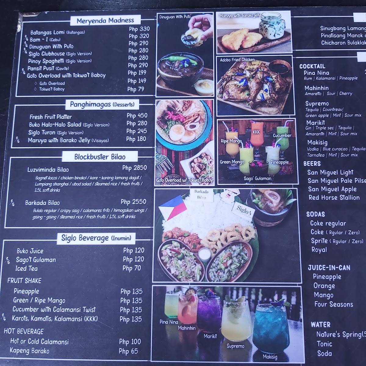 Menu at SIGLO MODERN FILIPINO restaurant, Tagaytay, Tagaytay - Calamba Rd