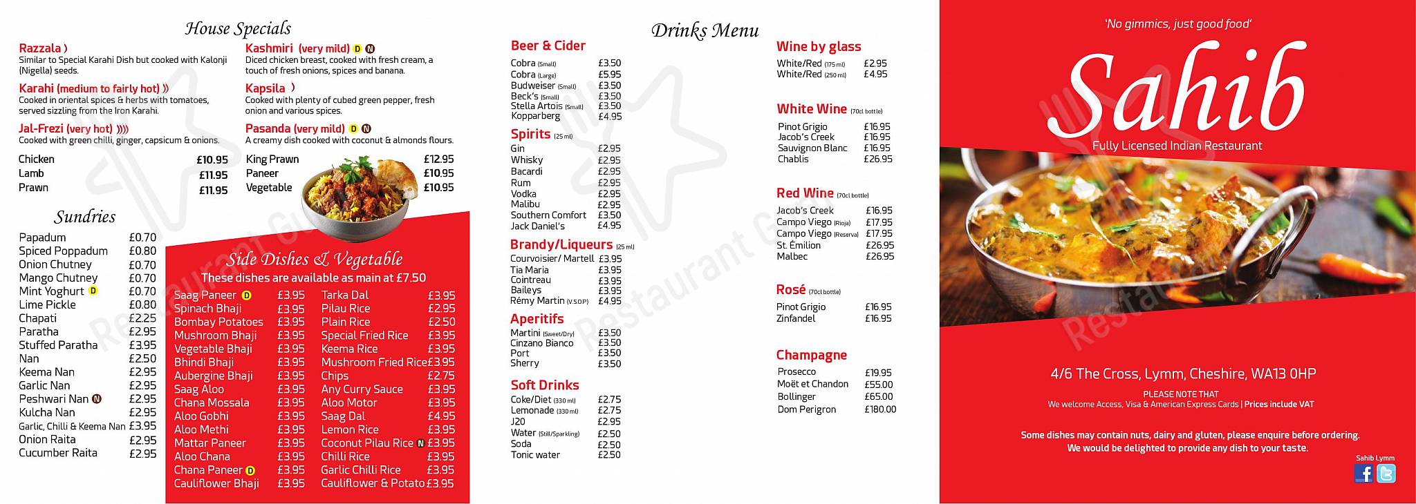 Menu at Sahib Indian Restaurant Lymm, Lymm