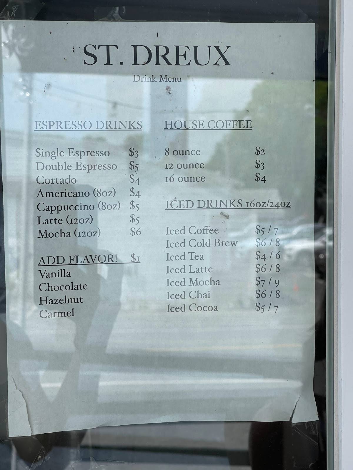 Menu at Saint Dreux's Coffee cafe, Southwest Harbor