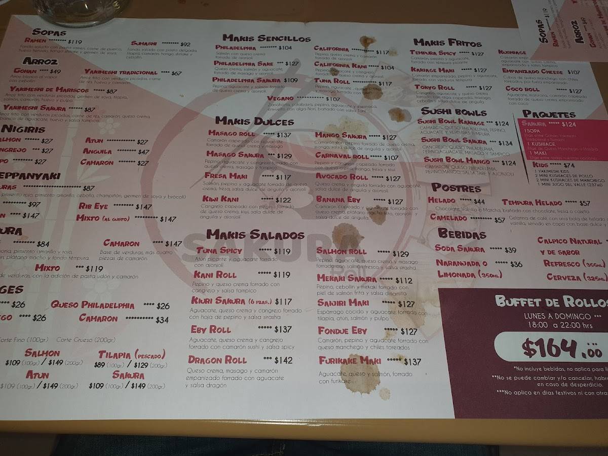 Carta del restaurante Sakura Roll San Javier, Pachuca del Soto