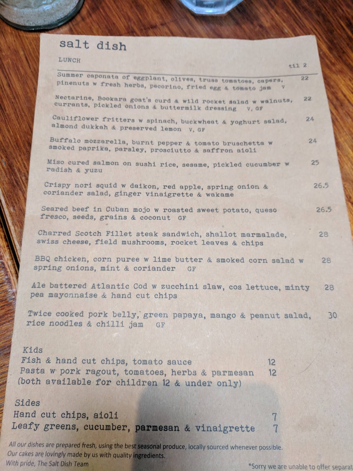 Menu at Salt Dish restaurant, Geraldton