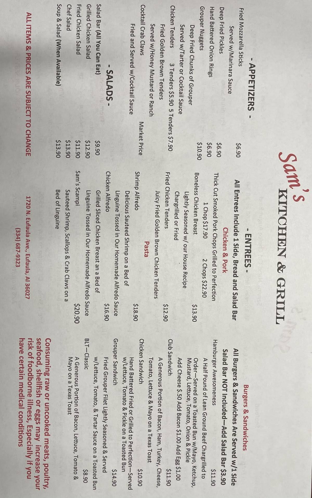 Menu at Sam's Kitchen And Grill restaurant, Eufaula