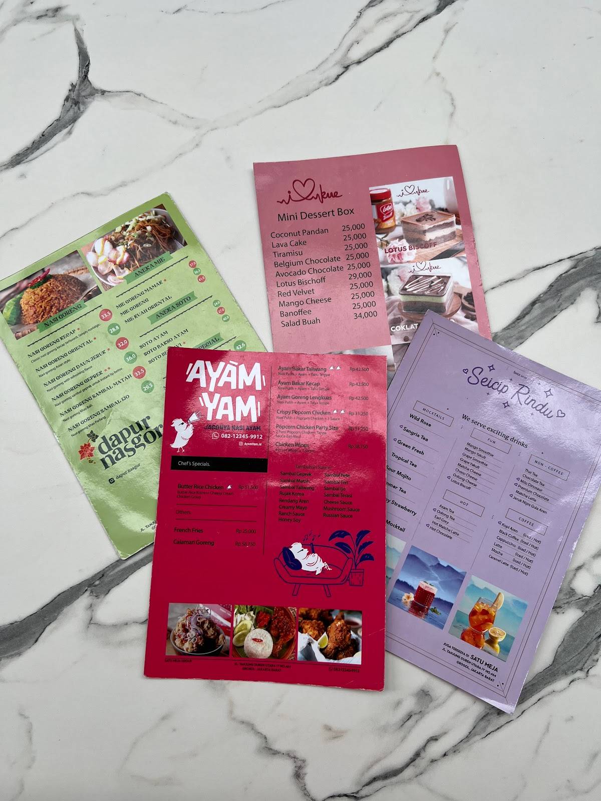 Menu at Satu Meja restaurant, West Jakarta