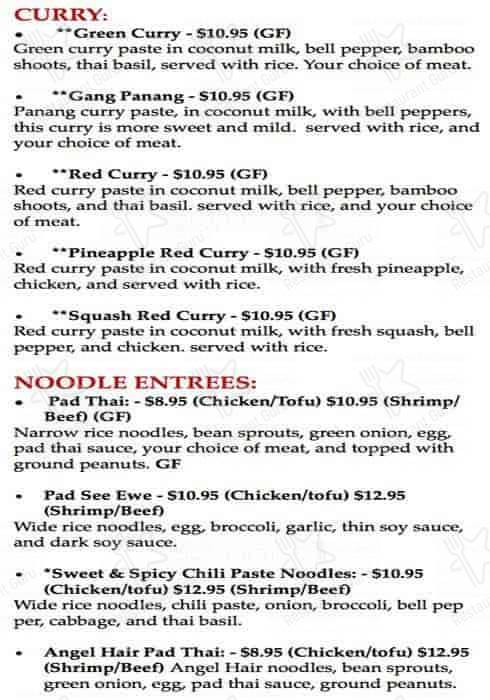 Menu at Secret Thai Cafe, Sandpoint