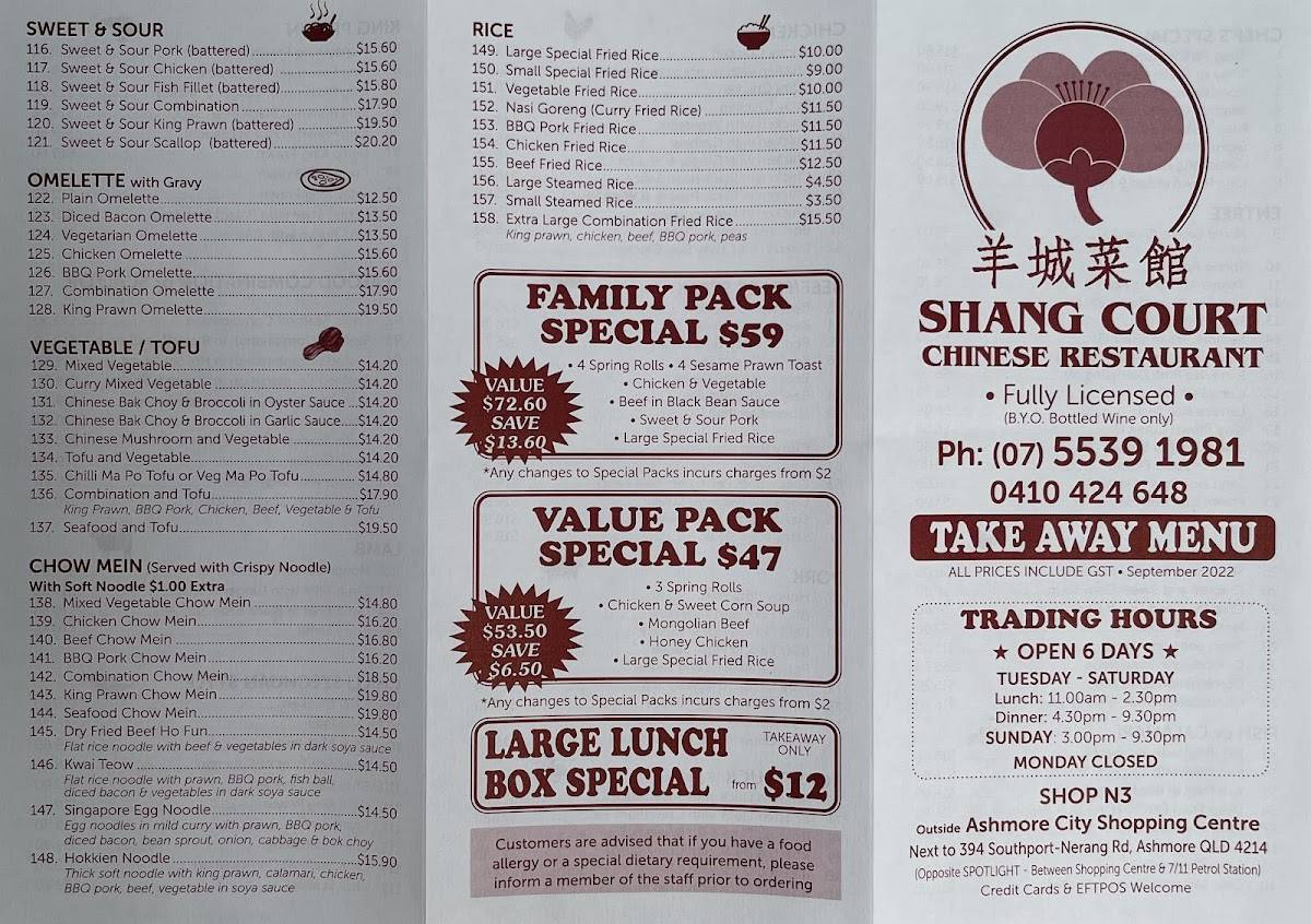Menu at Shang Court Chinese Restaurant, Ashmore