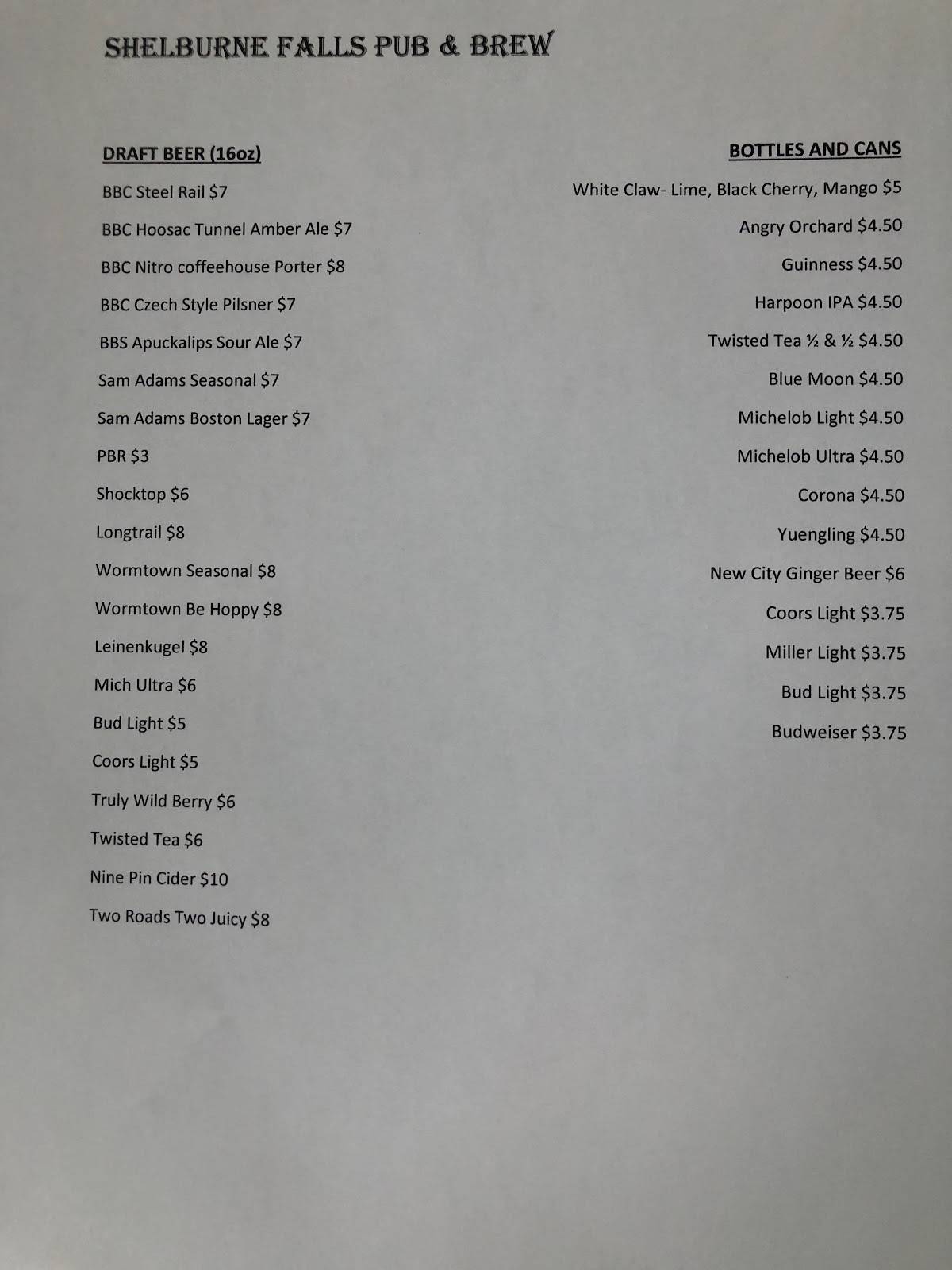 Menu at Shelburne Falls Pub and Brew at the Sweetheart, Shelburne Falls