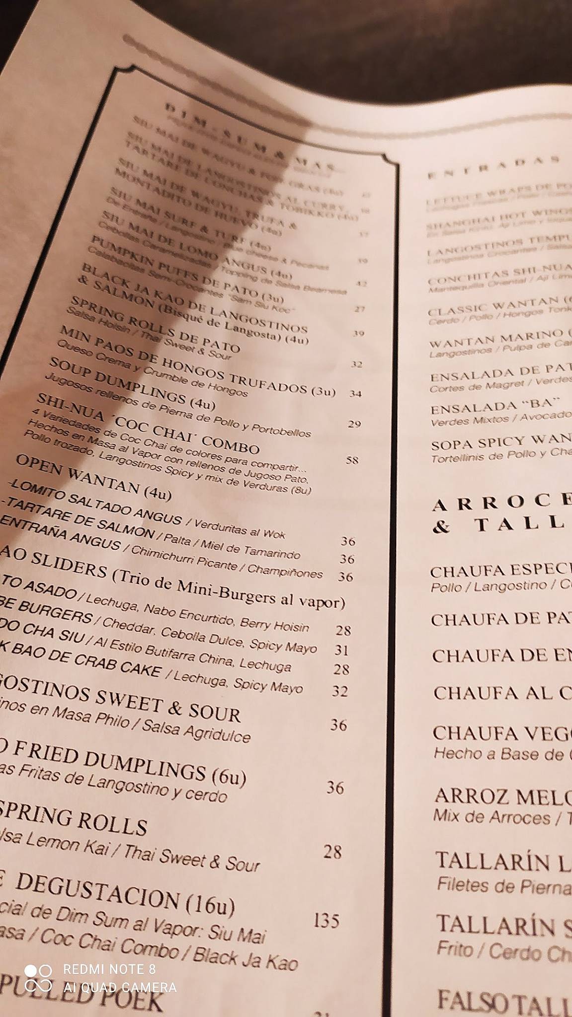 Carta del restaurante Shi-Nua, Lima