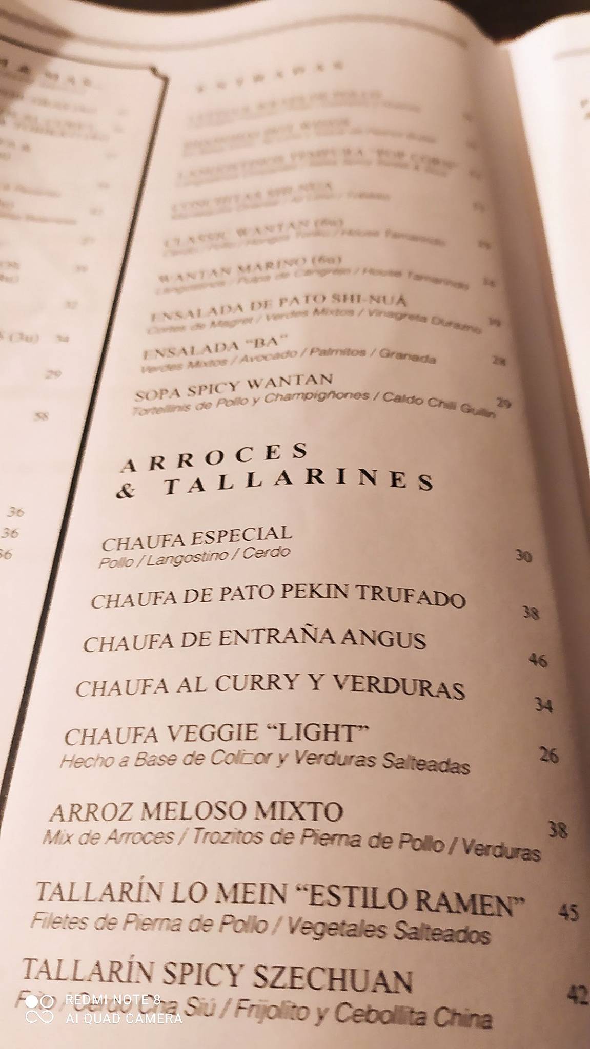 Carta del restaurante Shi-Nua, Lima