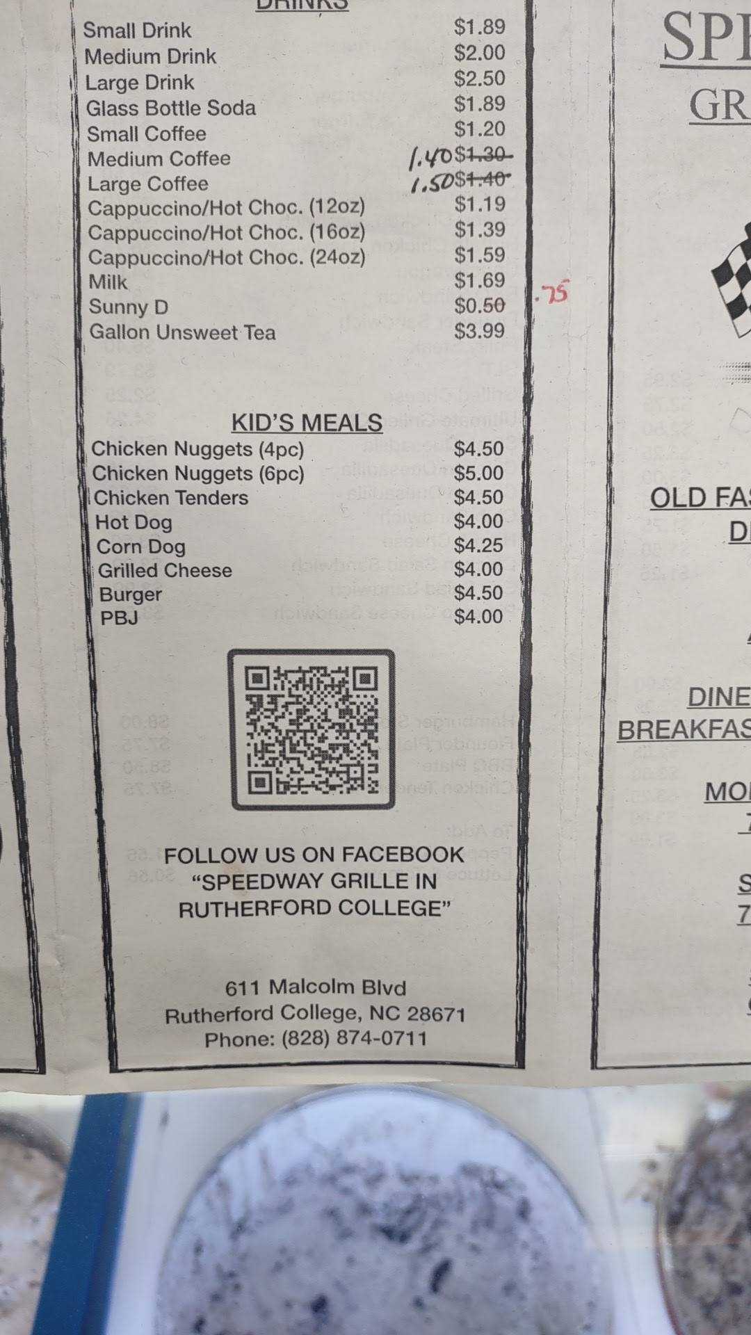 Menu at Speedway Cafe, Rutherford College, 611 Malcolm Blvd