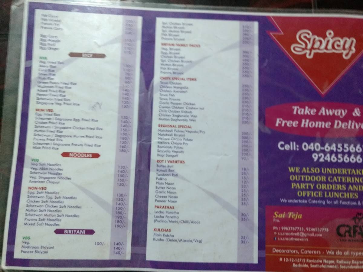 Menu at Spicy Corner, Secunderabad, House No 12-13-284