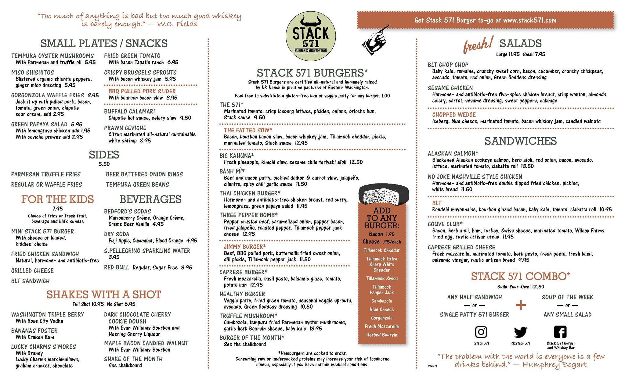 Menu at Stack 571 Burger & Whiskey Bar - Vancouver, Vancouver