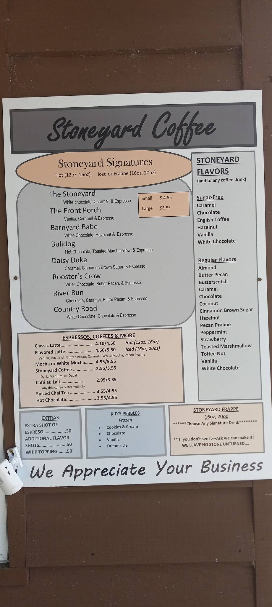 Menu at Stone Yard, Moselle