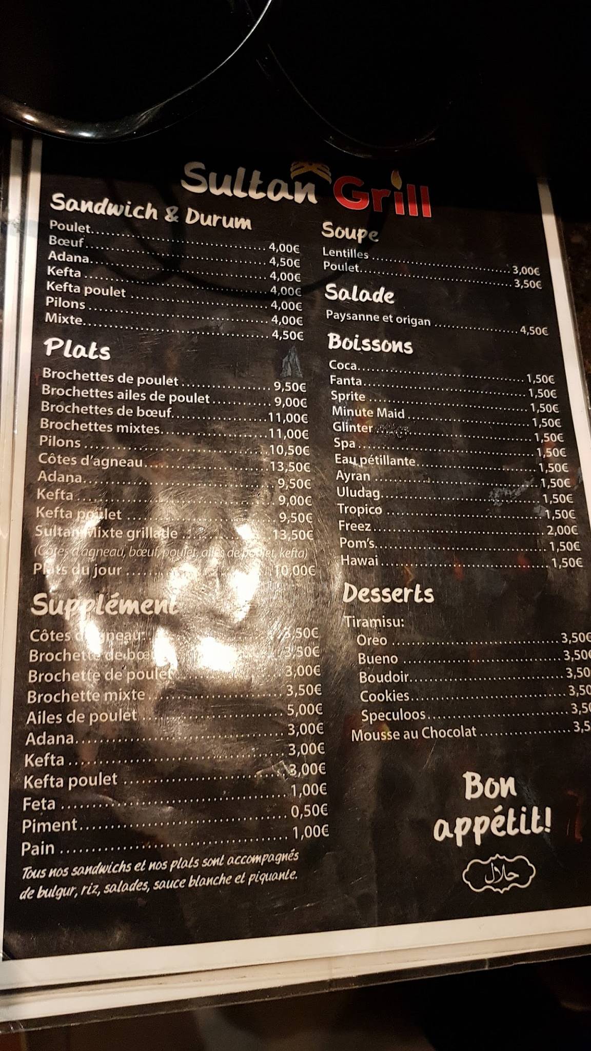 Carta de Sultan Grill, Bruselas