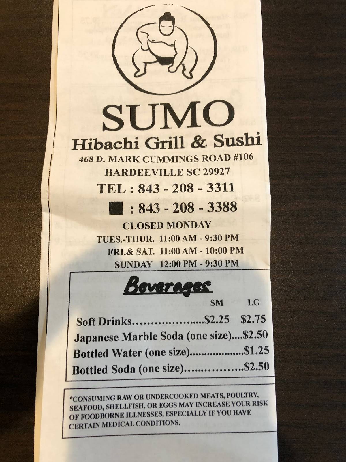 Menu at Sumo sushi restaurant, Hardeeville