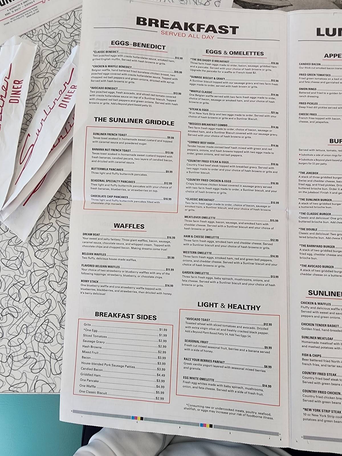 Menu at Sunliner Diner restaurant, Gulf Shores