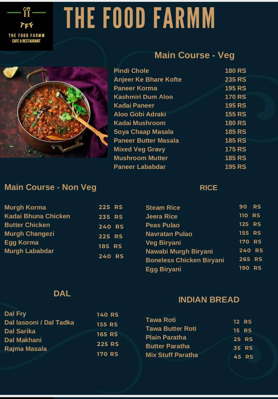 Menu at TFF, Bengaluru