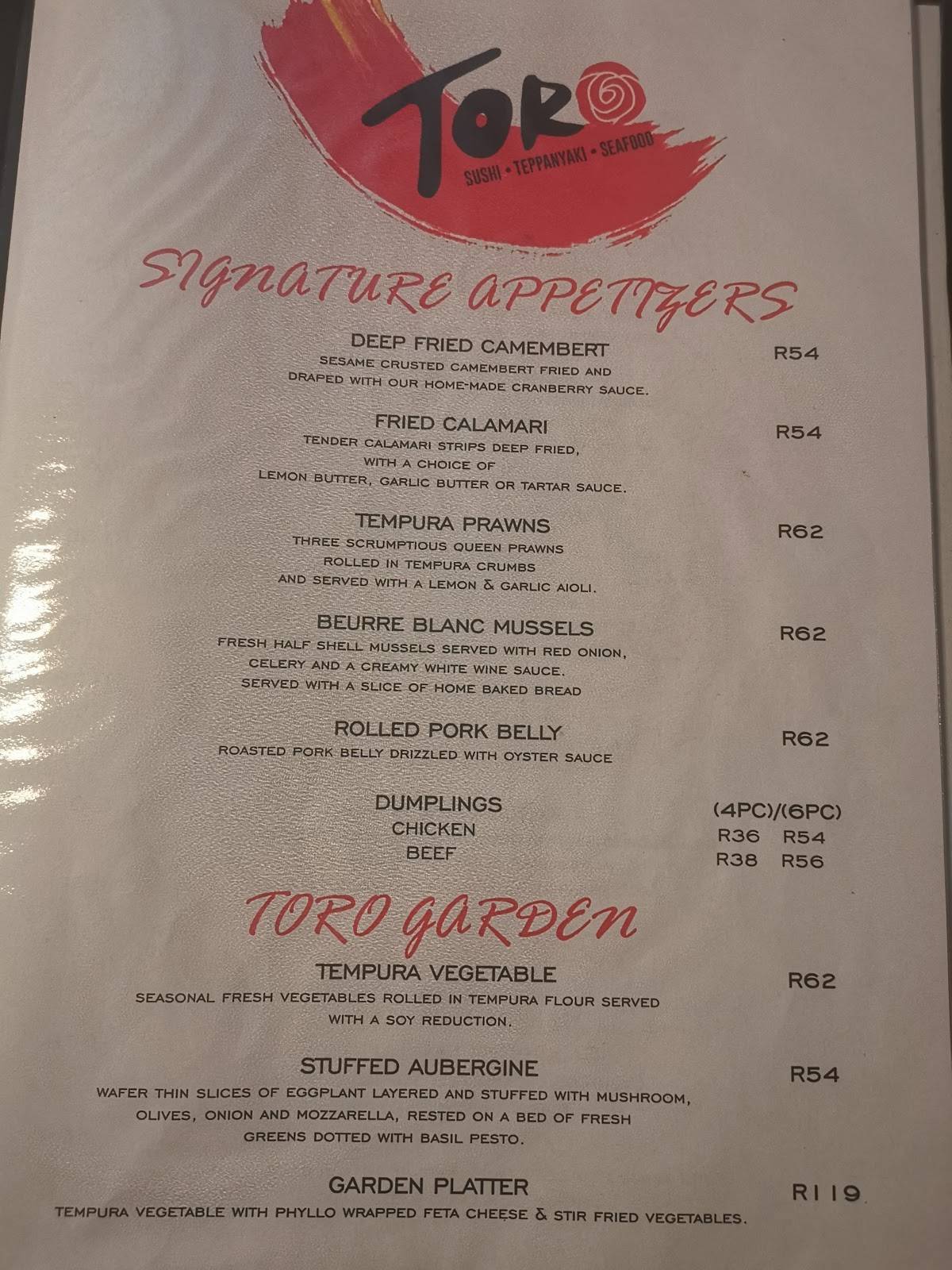 Menu at TORO Sushi, Teppanyaki & Seafood restaurant, Port Elizabeth
