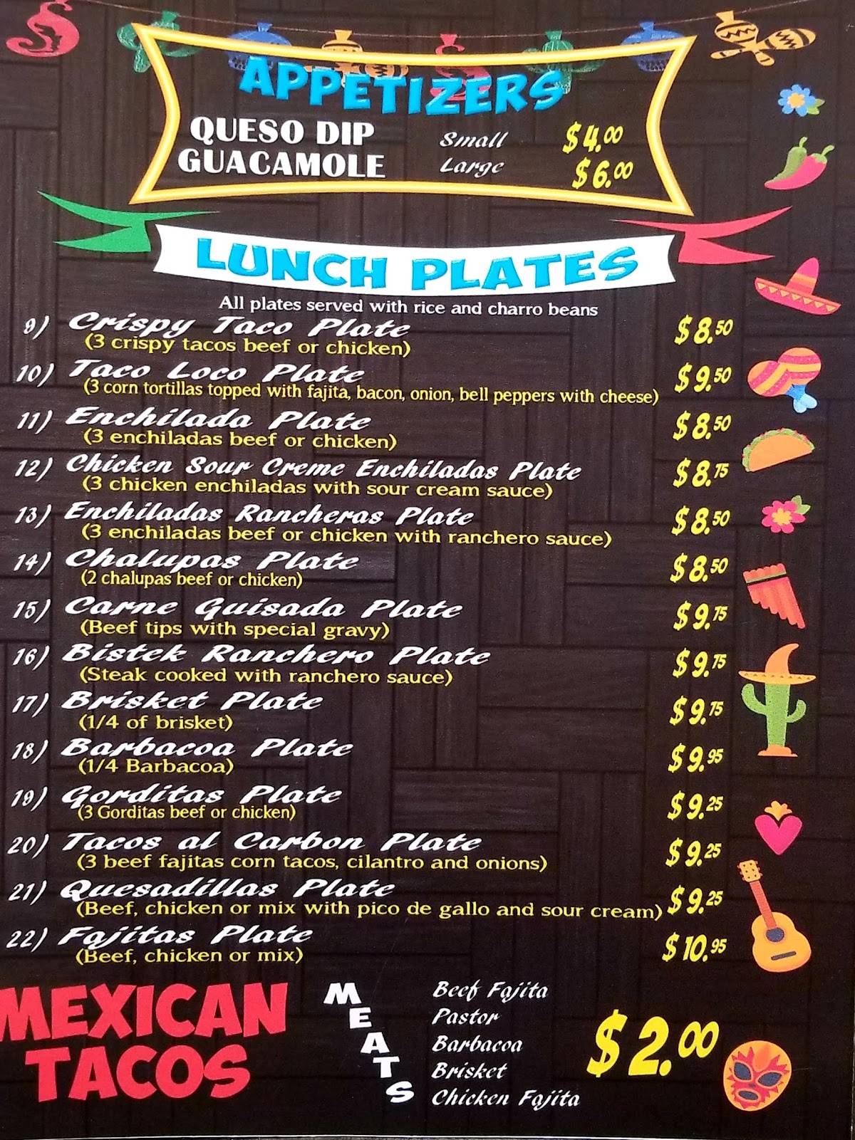 Menu at Tacote restaurant, Glen Rose