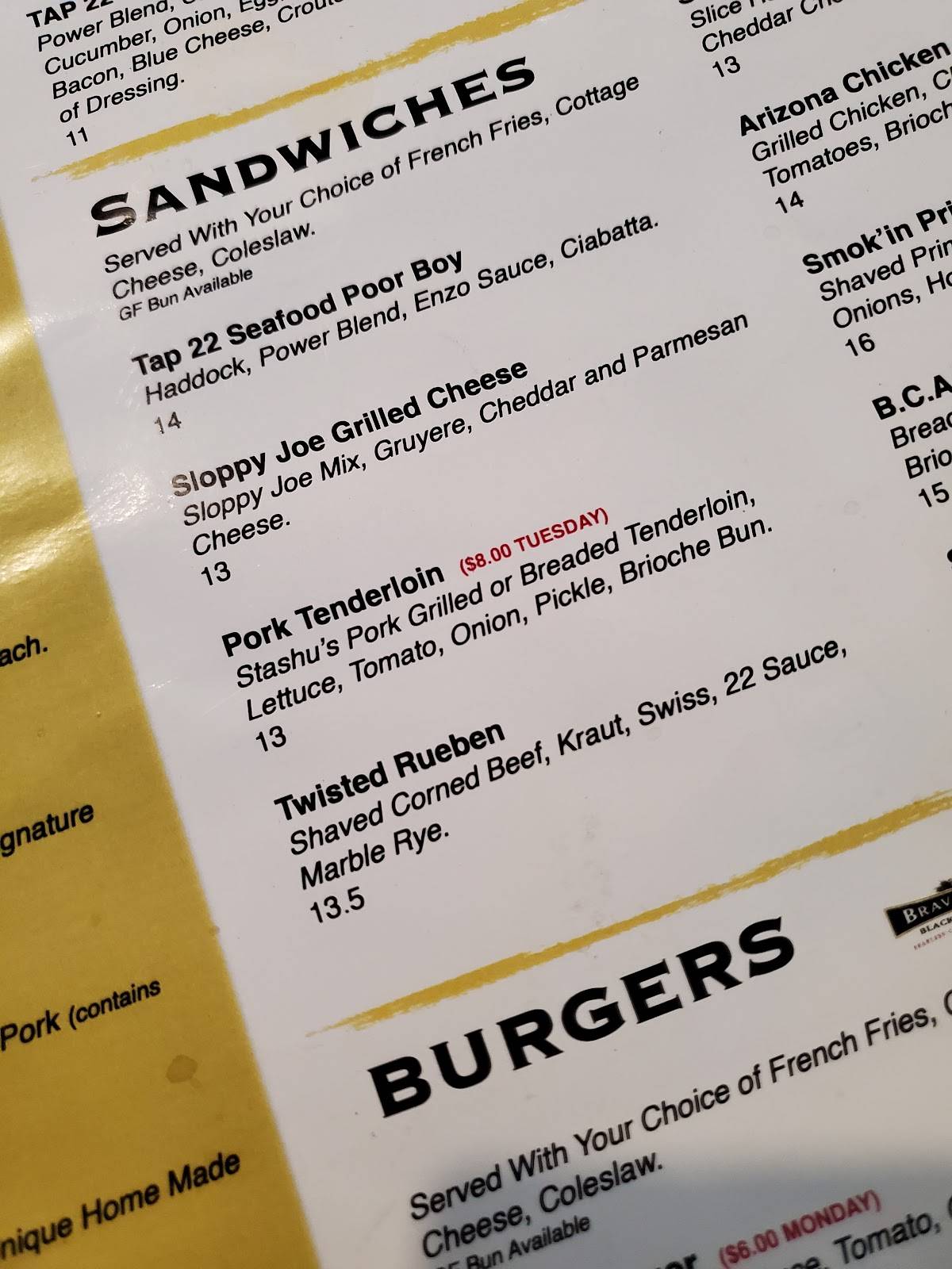 Menu at Tap 22 Grill & Bar, Silvis