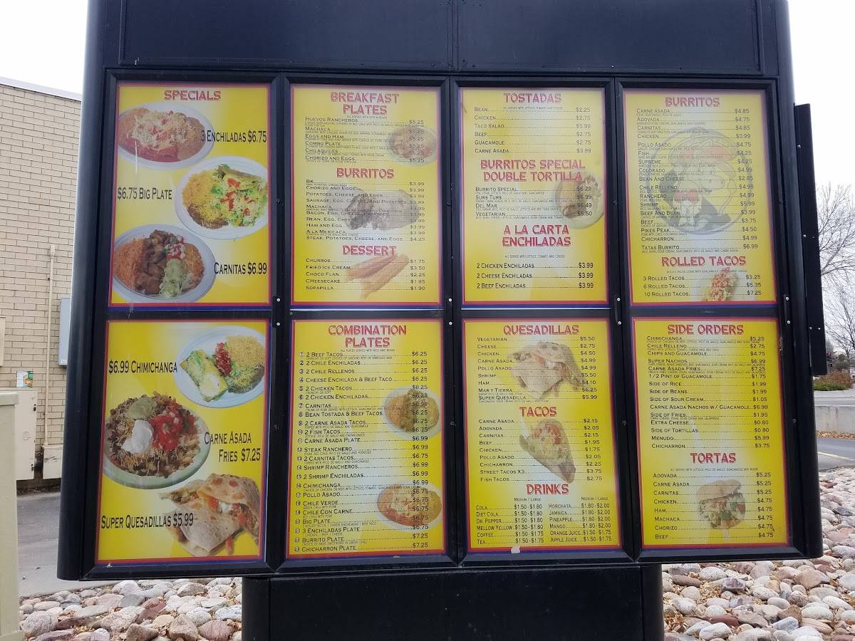 Menu at Tata's Burritos restaurant, Loveland