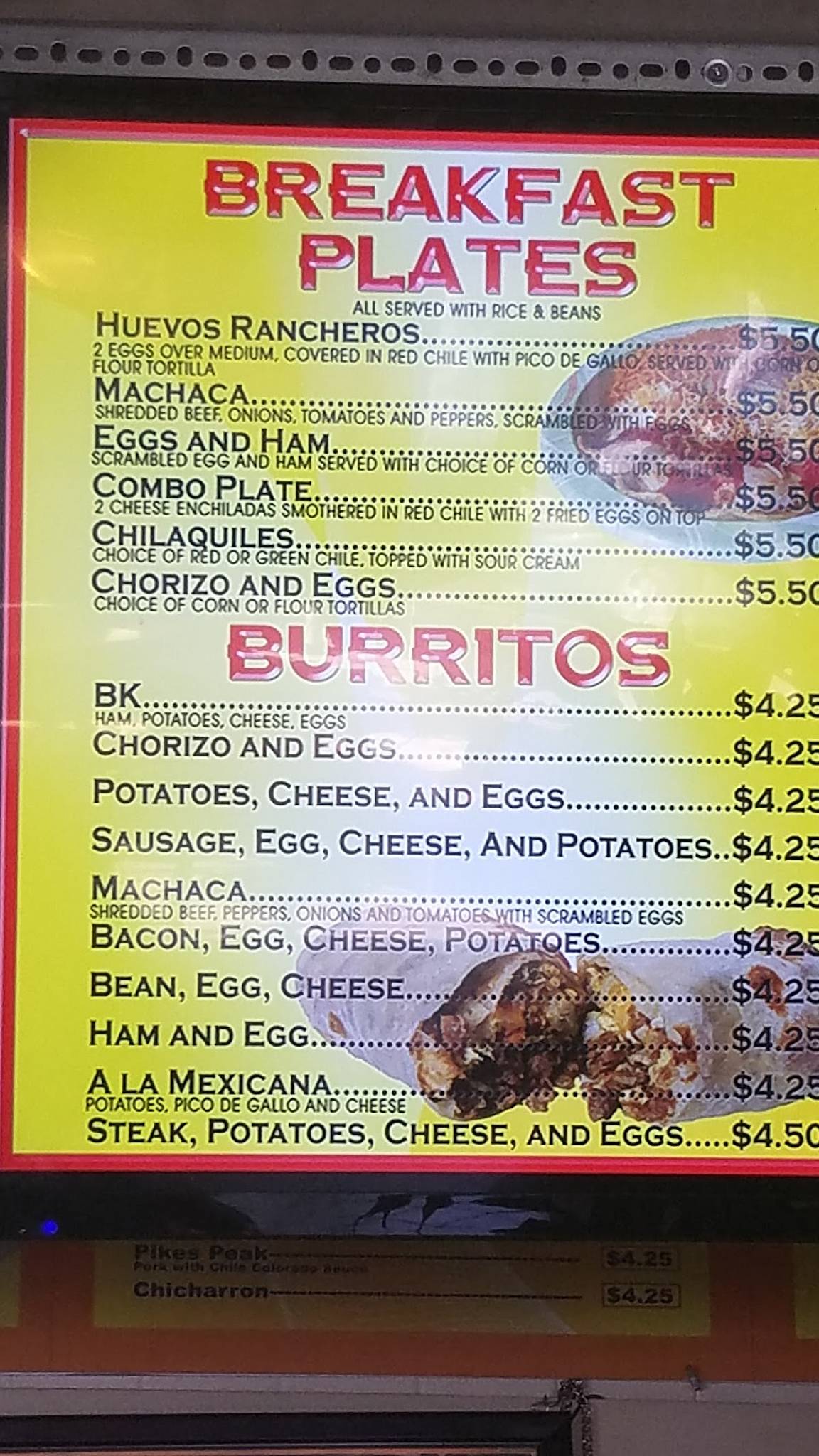 Menu at Tata's Burritos restaurant, Loveland