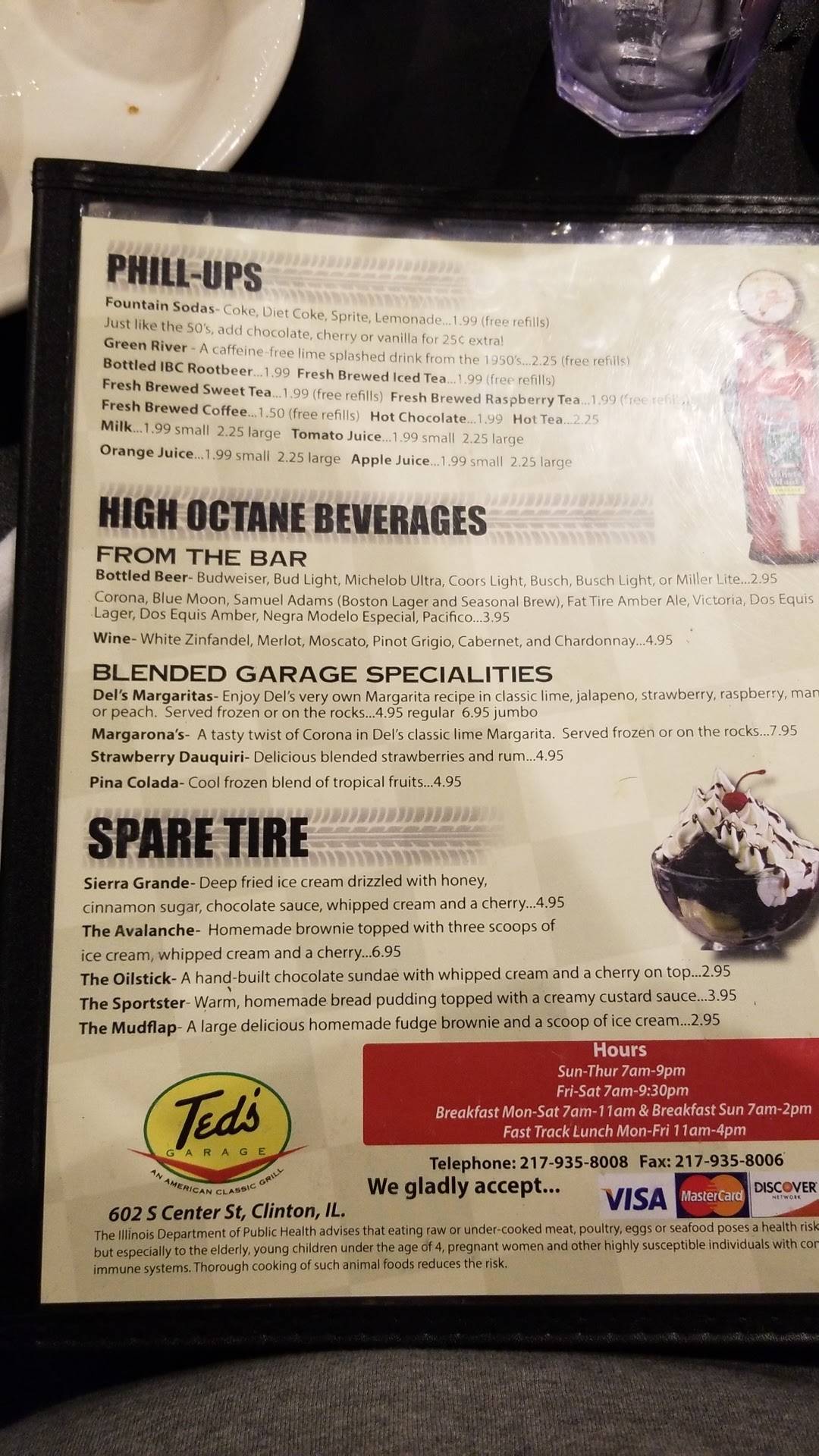 Menu at Ted's Garage restaurant, Clinton