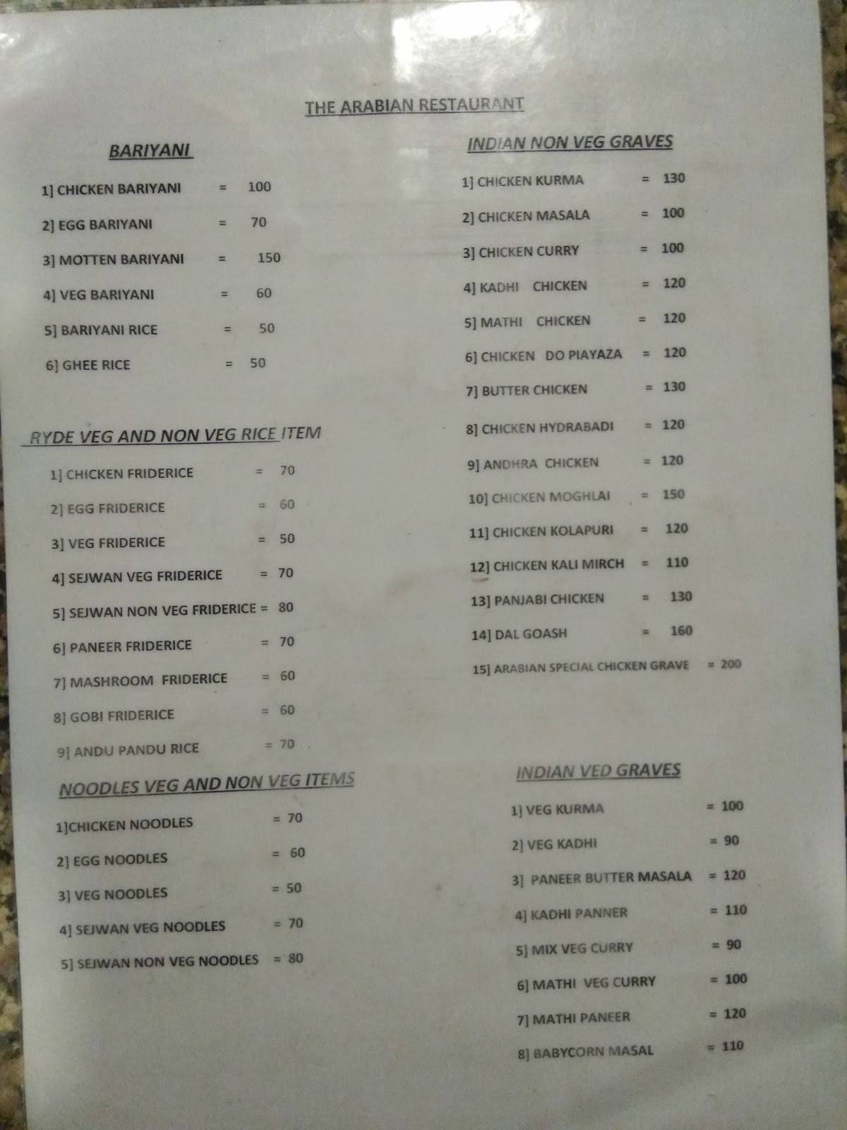 Menu at The Arabian Nights Restaurant, Bengaluru
