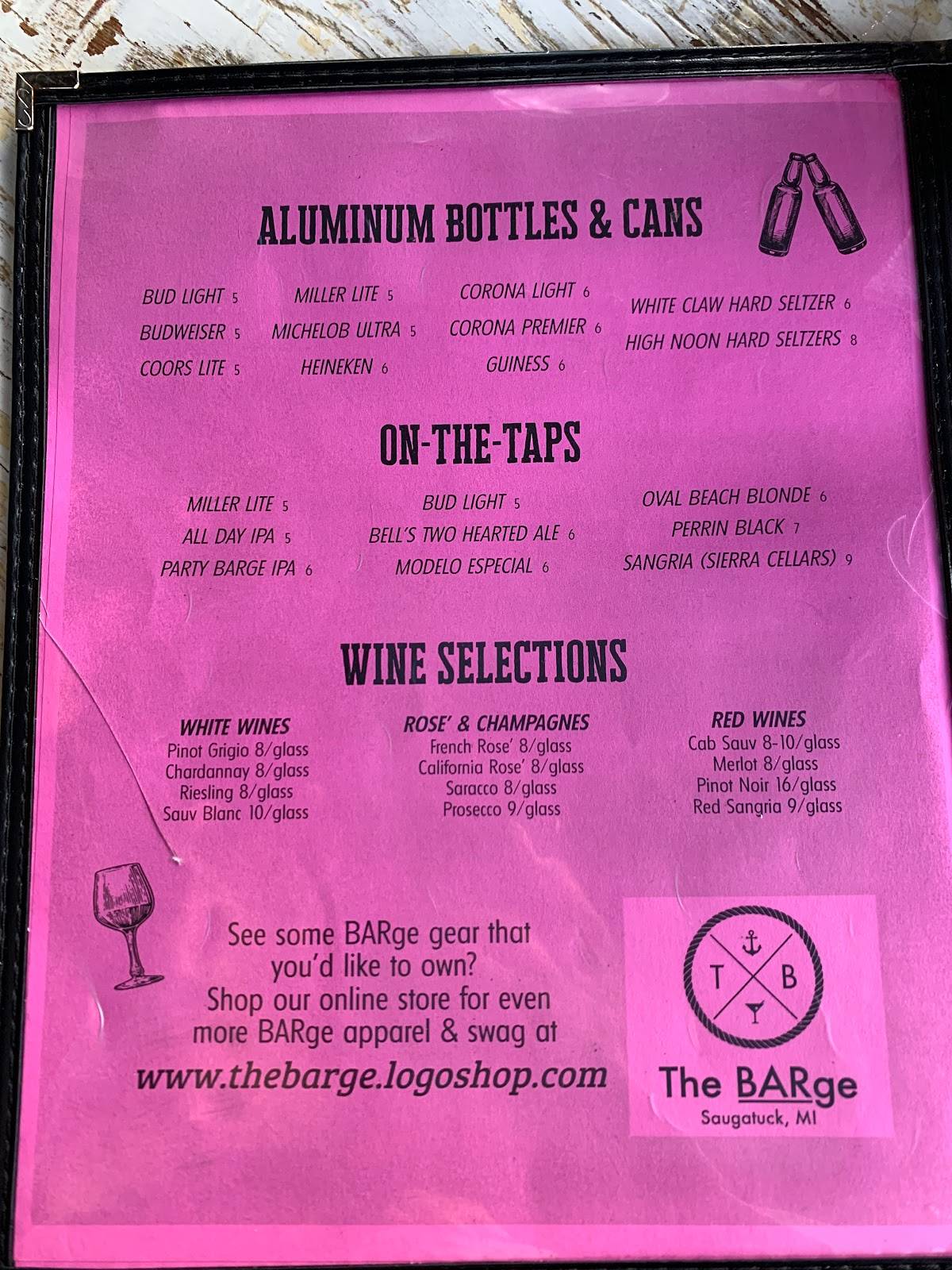 Menu at The BARge, Saugatuck